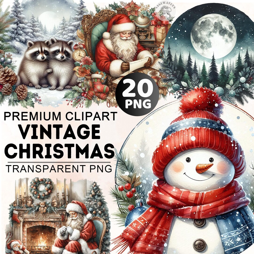 20+ Retro Christmas Clipart Bundle, Watercolor Vintage Christmas ...
