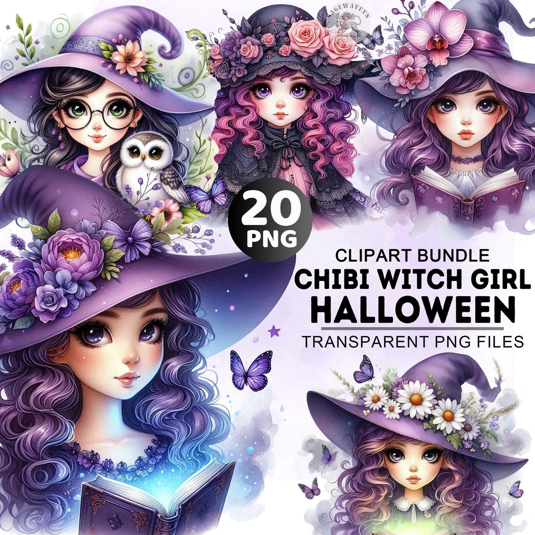 Chibi Witch Girl Clipart Bundle, Gothic Witch Png, Dark Witches Clipart ...