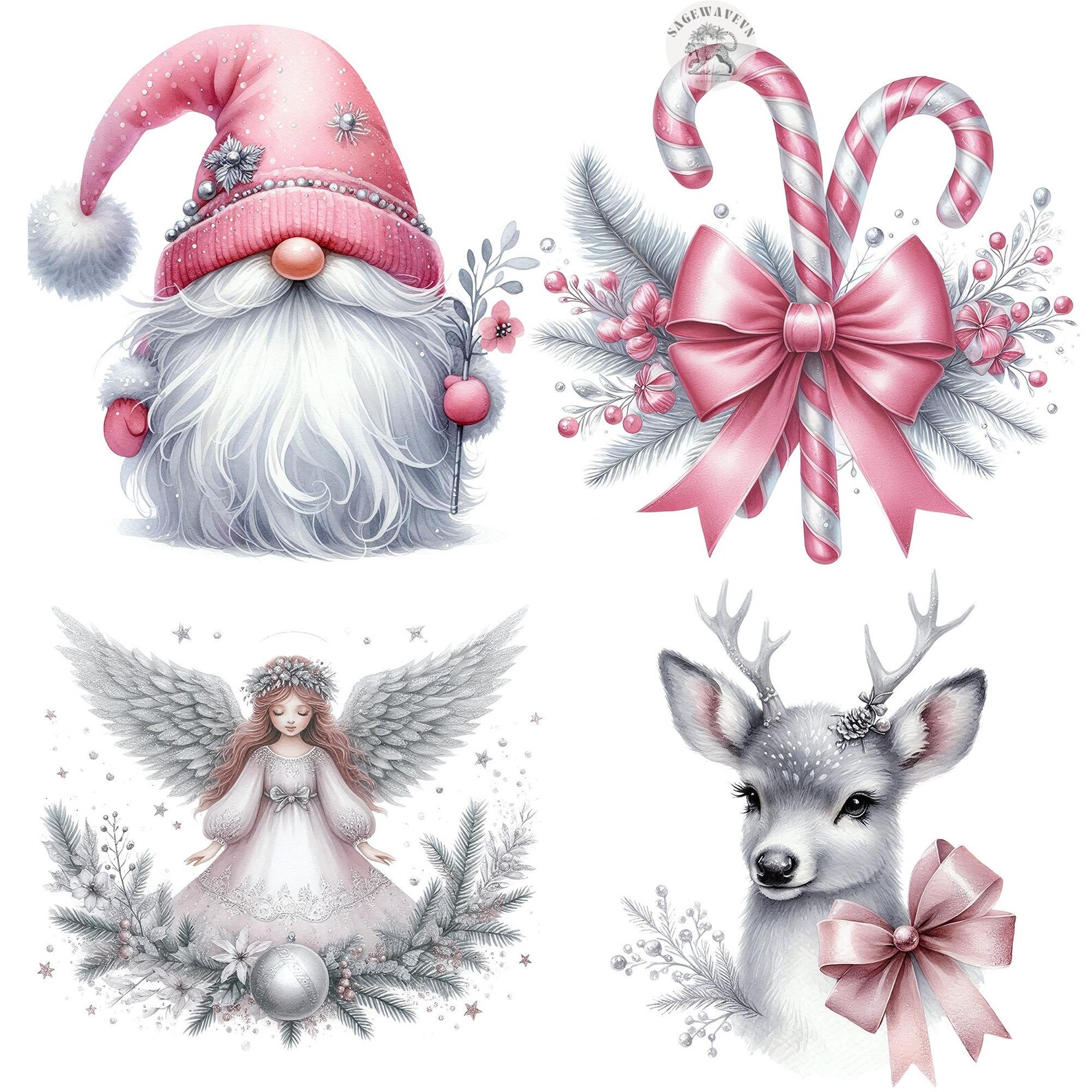 30+ Pastel Christmas Clipart Bundle, Watercolor Silver Pink Christmas ...