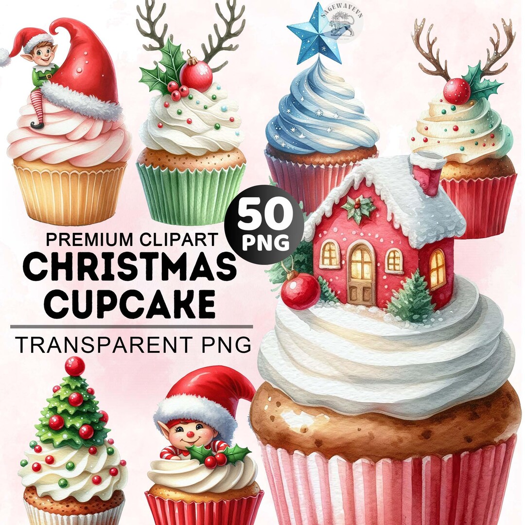 50+ Christmas Treats Clipart Bundle, Watercolor Christmas Cupcake ...