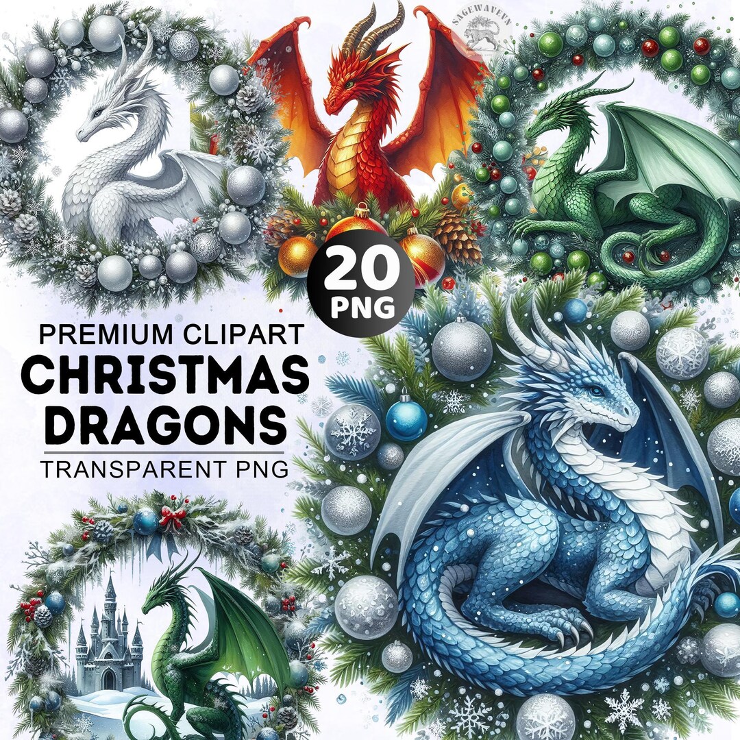 20+ Holiday Dragons Clipart Bundle, Watercolor Christmas Dragons ...