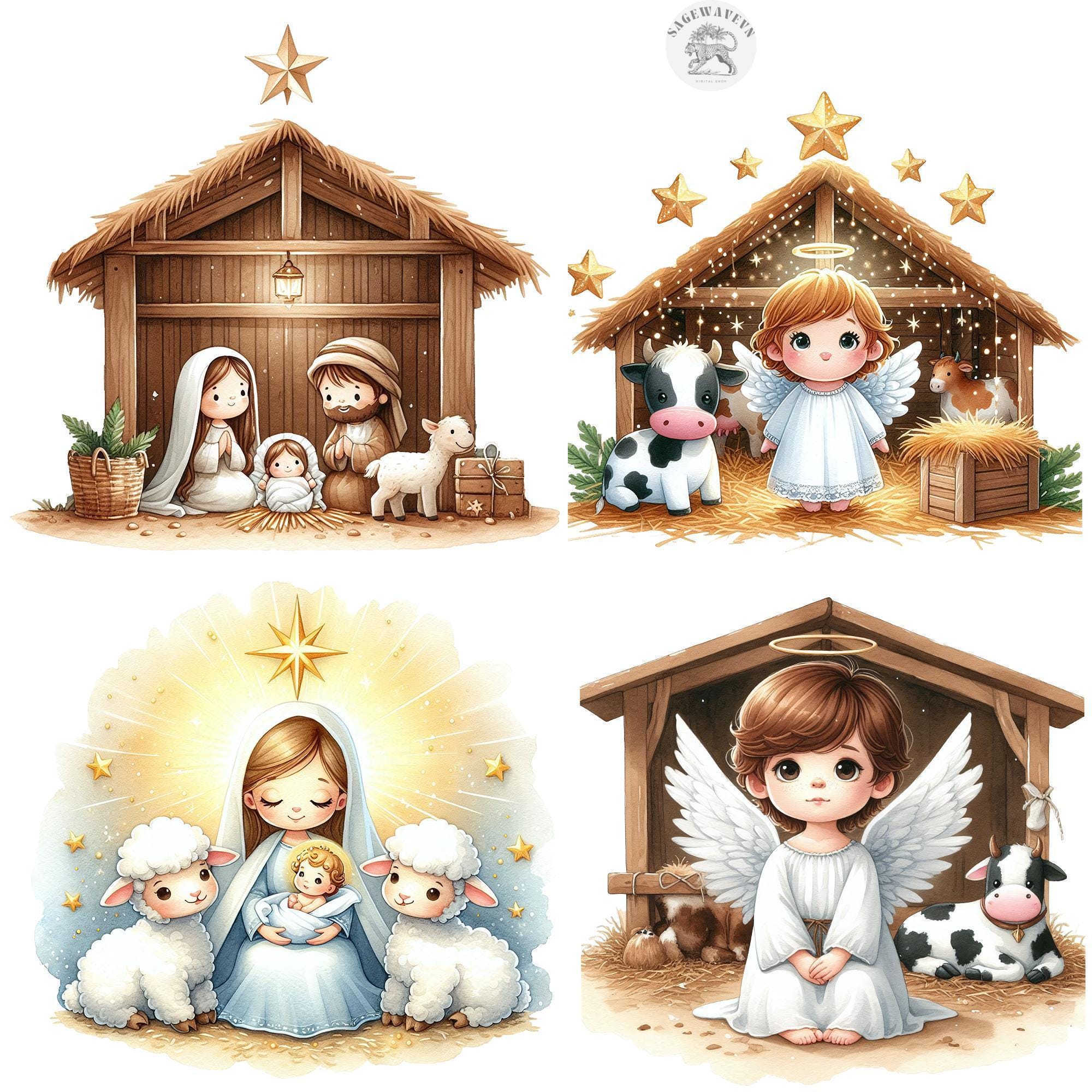 20+ Xmas Jesus Birth Clipart Bundle, Watercolor Cute Nativity Scene ...