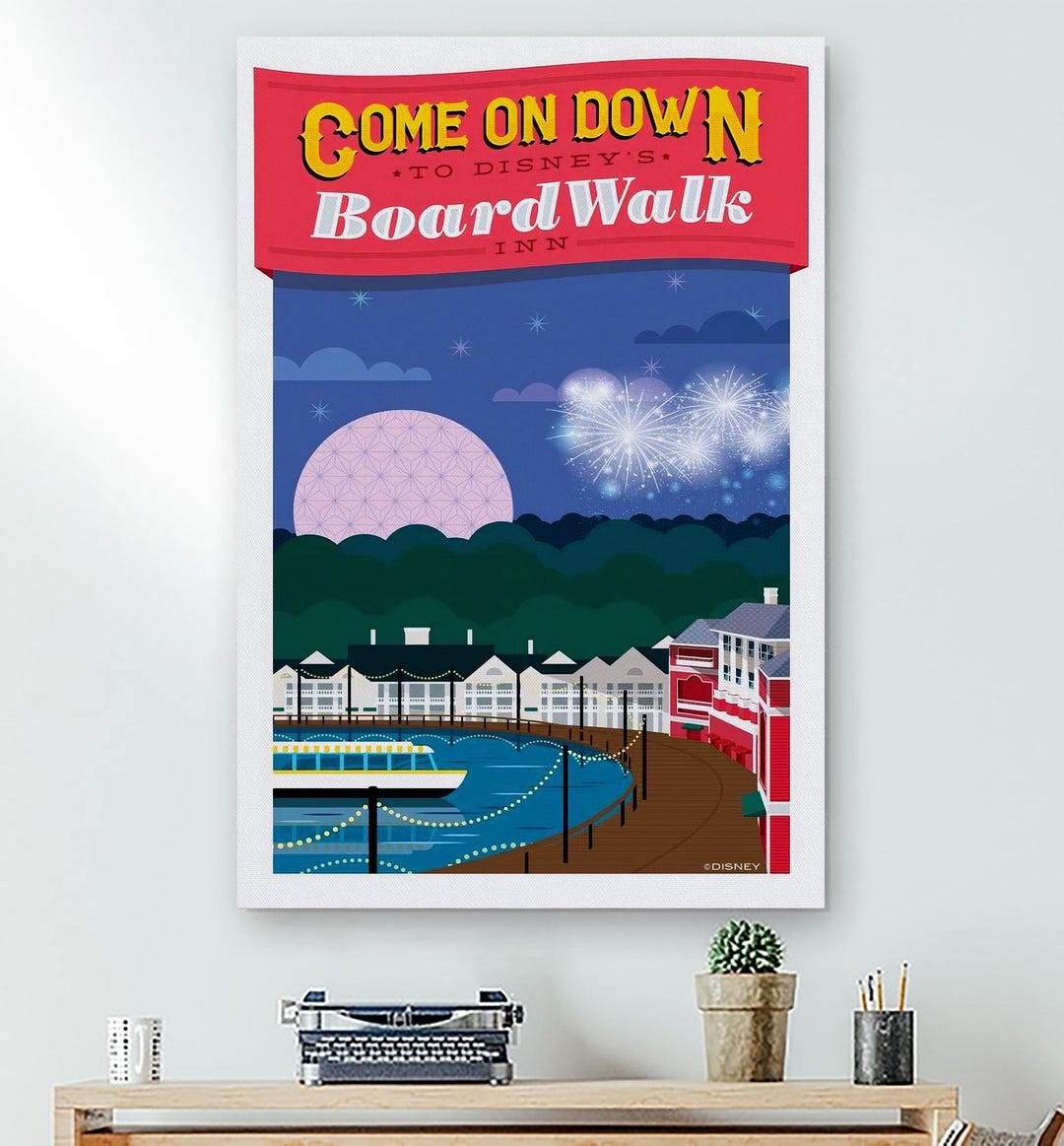 Vintage Boardwalk Poster, Coastal Night Fireworks Art Print, Family ...