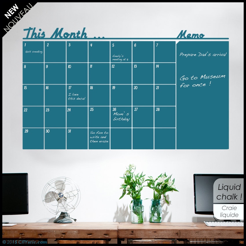 Chalkboard Monthly Wall Calendar With Memo Year Spot. Liquid | Etsy