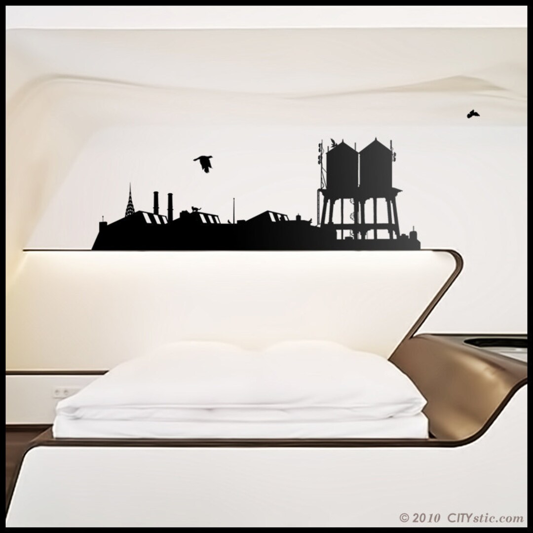 NYC WALL DECAL : Water Tanks Skyline of New York City With Cat, Pigeons ...