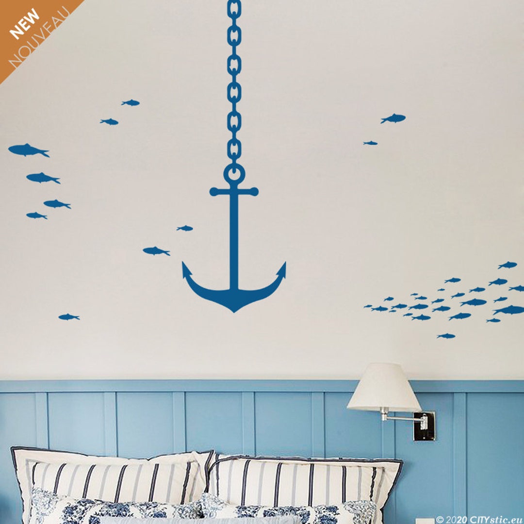 SEA WALL DECAL Anchor Wall Decal Anchor Wall Sticker Anchor With Fish Wall Decor Aquatic Wall ...