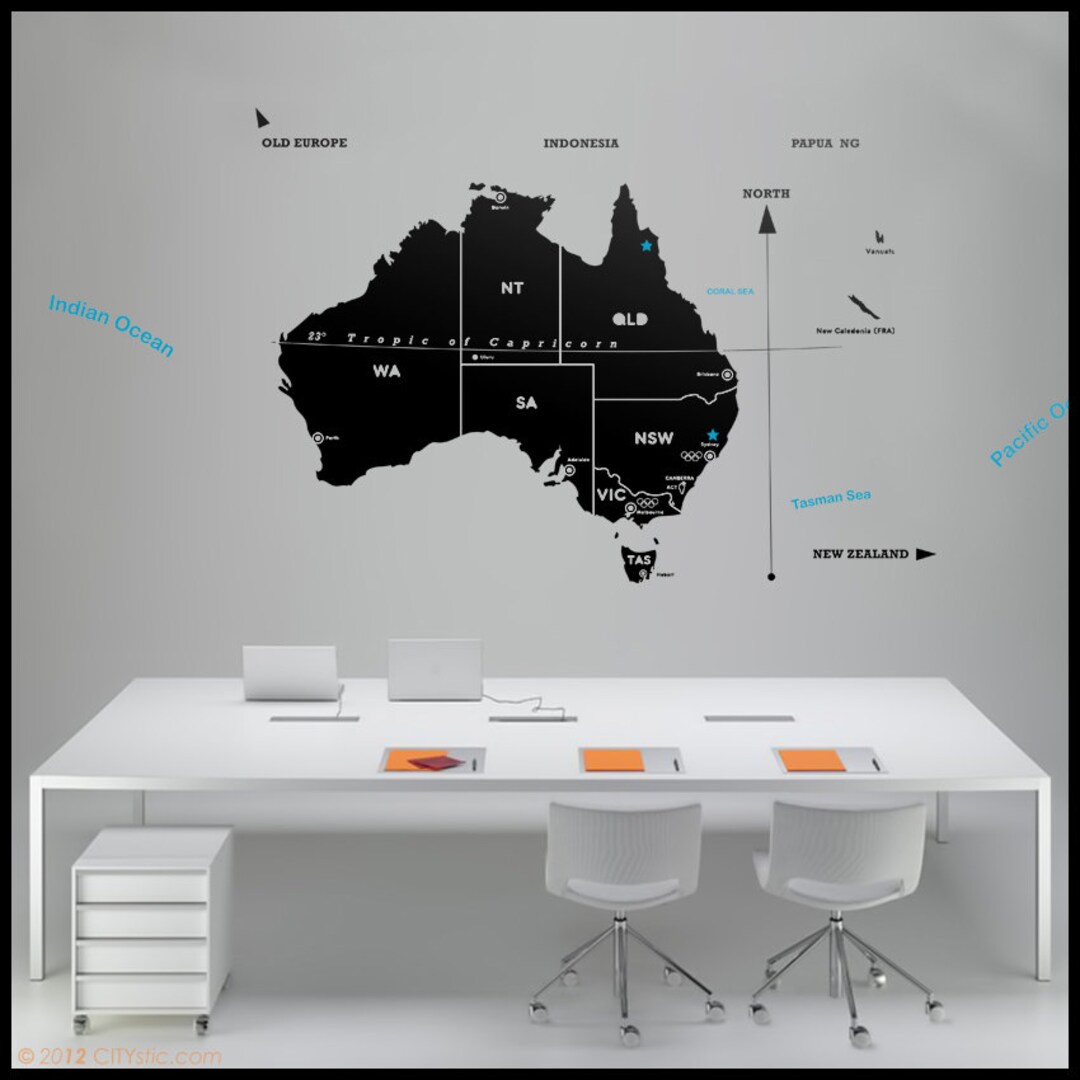 AUSTRALIA MAP Wall DECAL : Map of All Australia With Major Cities ...