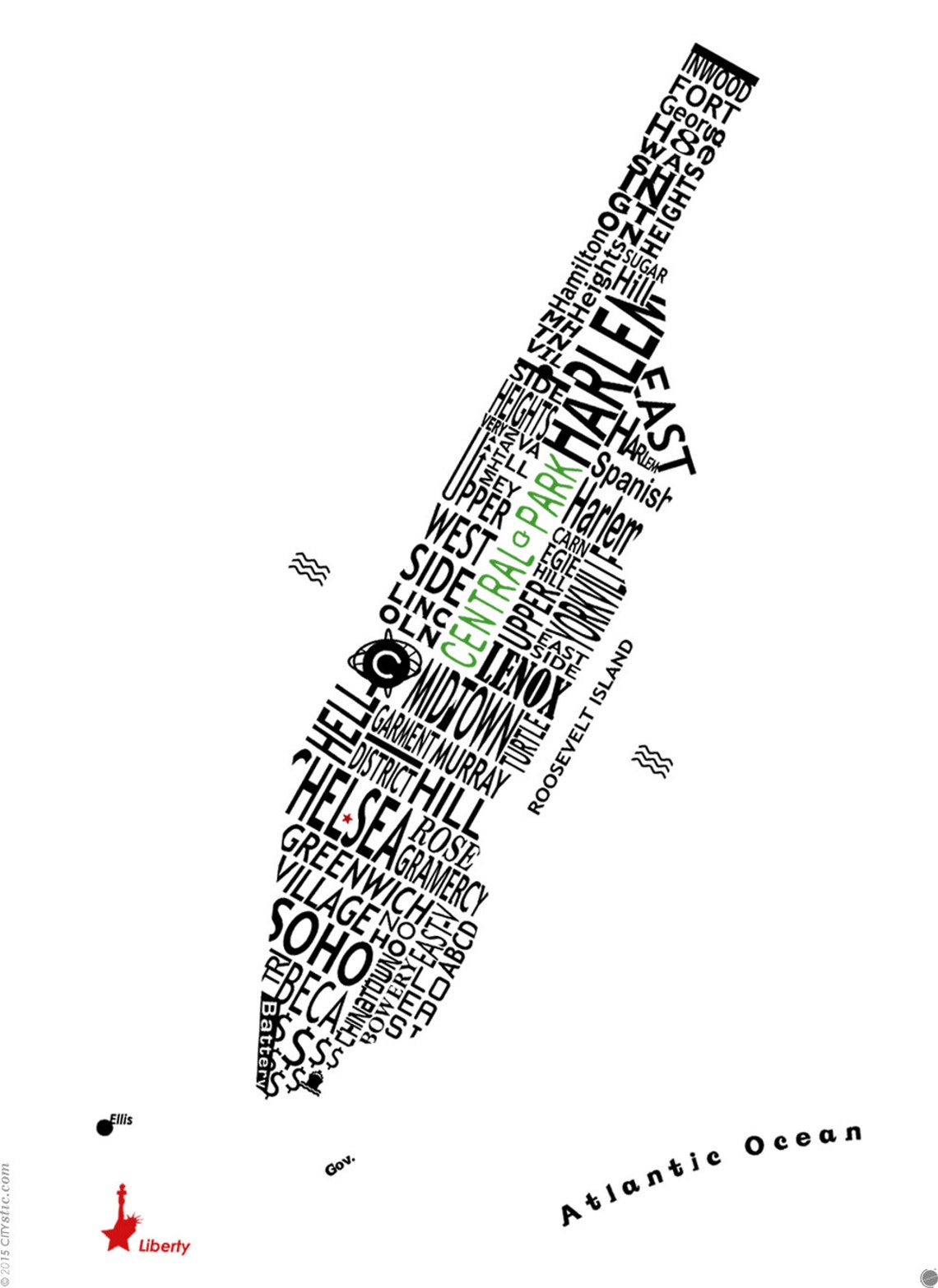 NYC - WALL DECAL : Manhattan Map in Words. Central Park, Greenwich ...