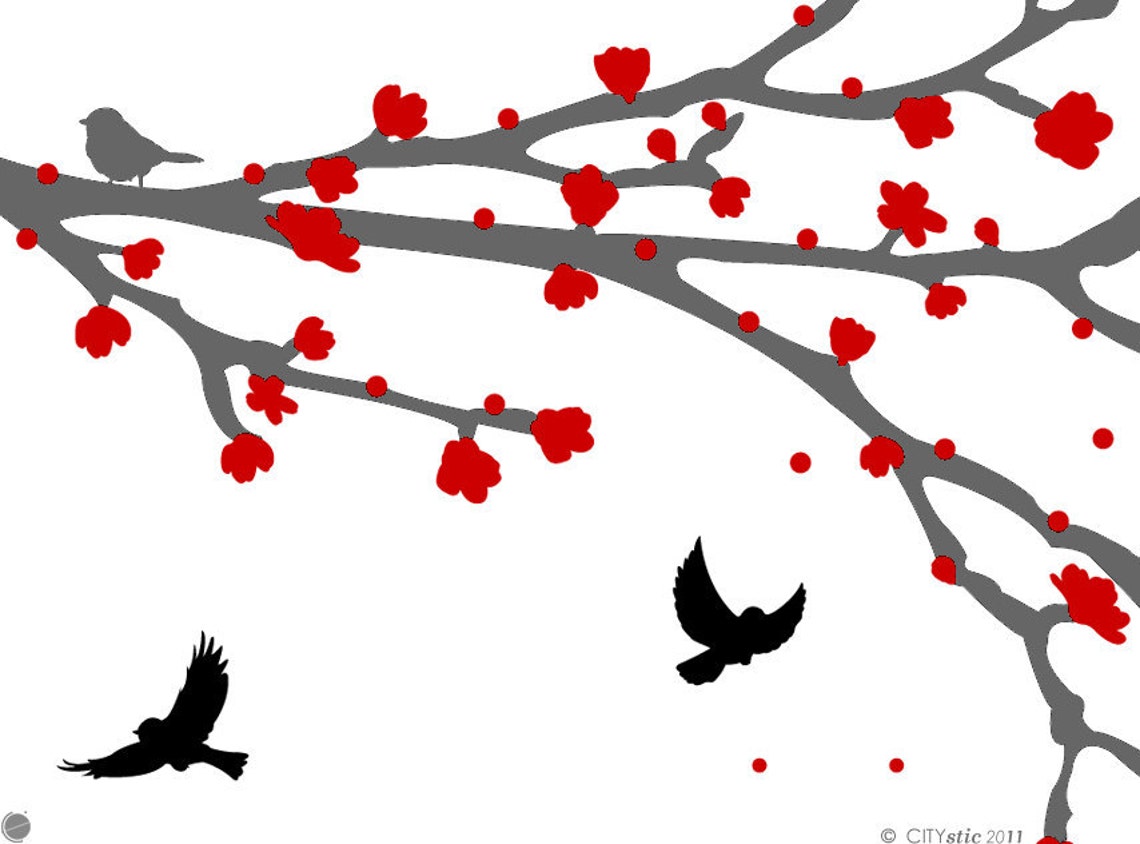 Japanese Sakura Cherry Tree Branch Wall Decal with color | Etsy