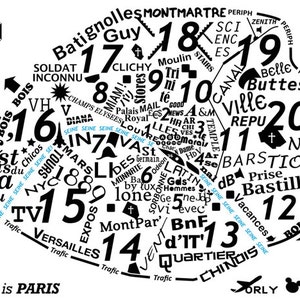 On Sale PARIS WALL DECAL : Map in Words, Texts, Neighborhoods ...