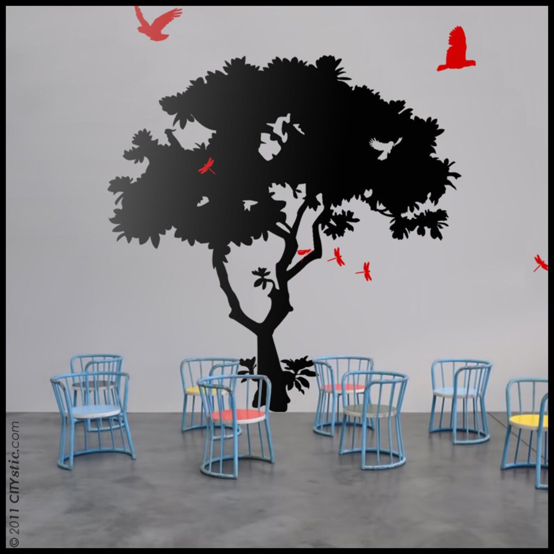 TREE WALL DECAL : Paper Tree With Birds, Dragonflies, Cacatoes. Pacific ...