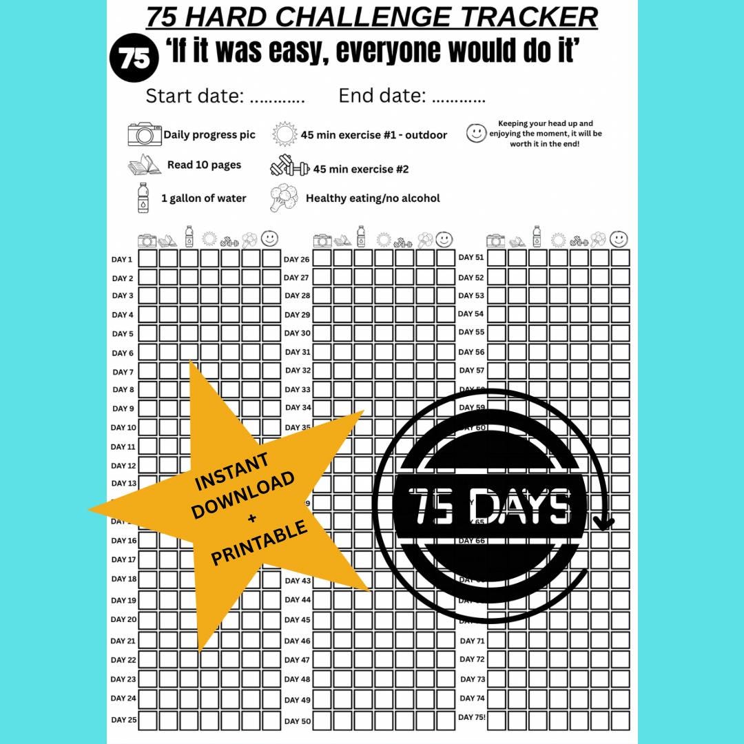 75 Hard Progress Poster, Digital Instant Download + Print. - Etsy