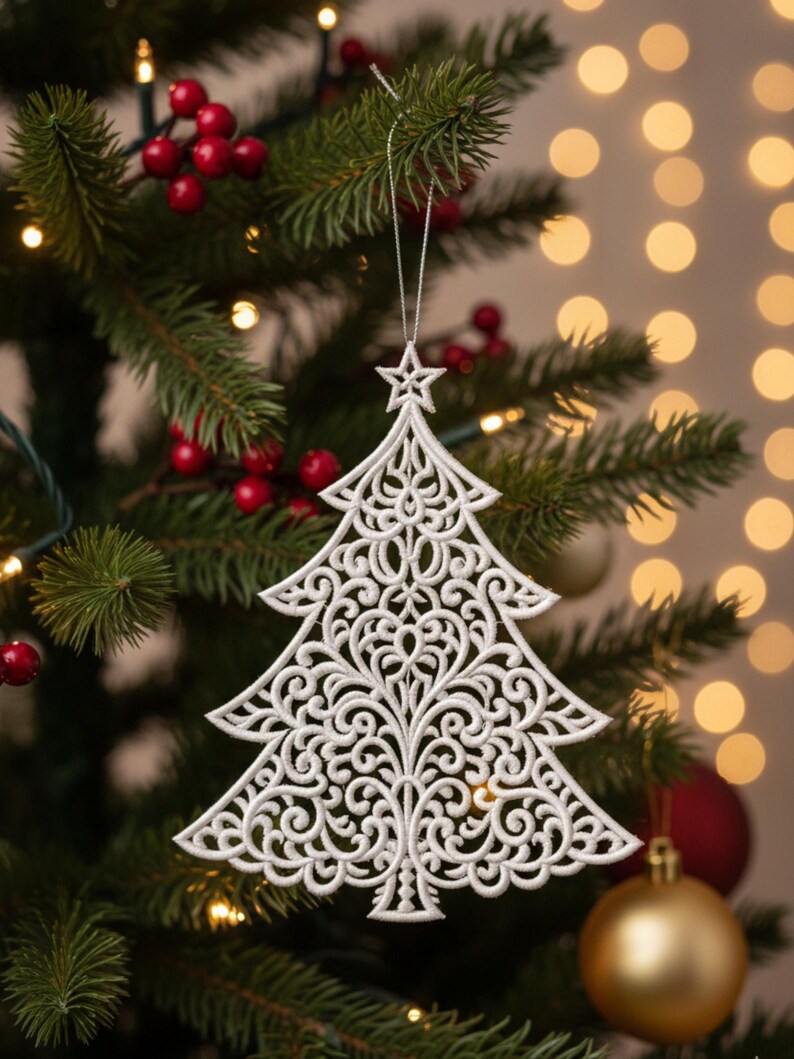 FSL Christmas Tree Ornament, Lace Holiday Tree Embroidery, Digital ...