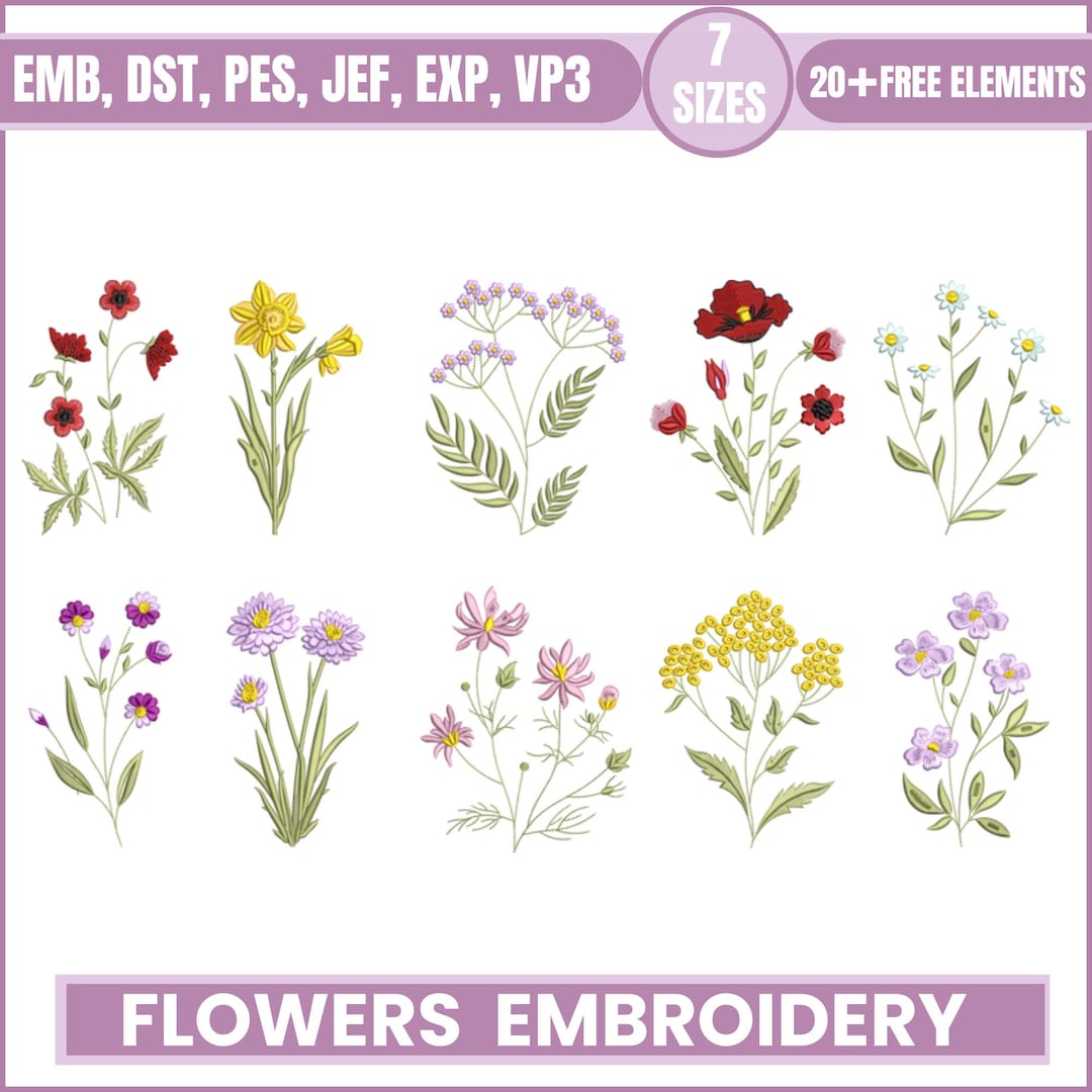 10 Flower Machine Embroidery Designs, Flowers Botanical Daffodil Poppy ...