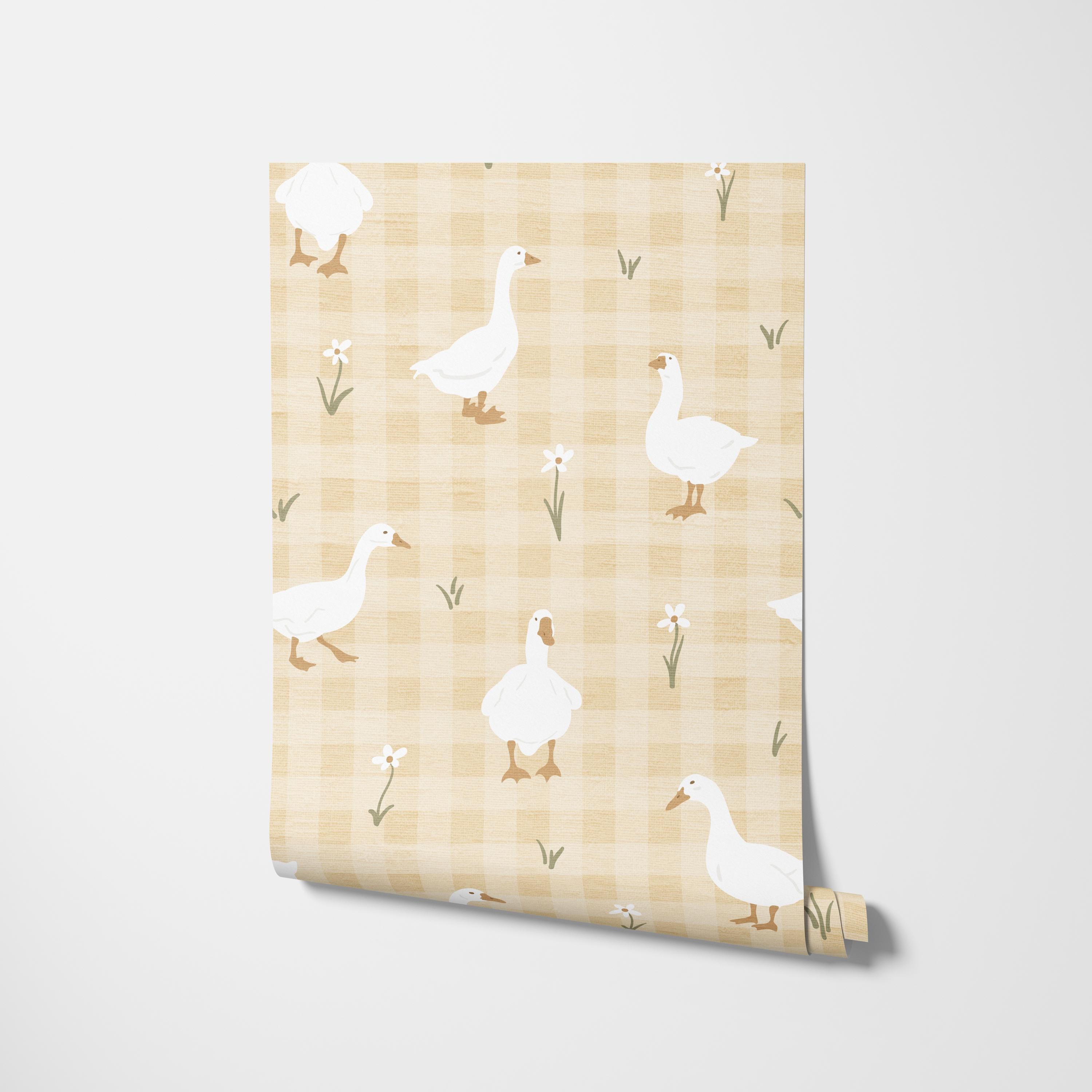 Cottagecore Farmhouse Geese and Daisy Flowers on Gingham in Warm Golden ...
