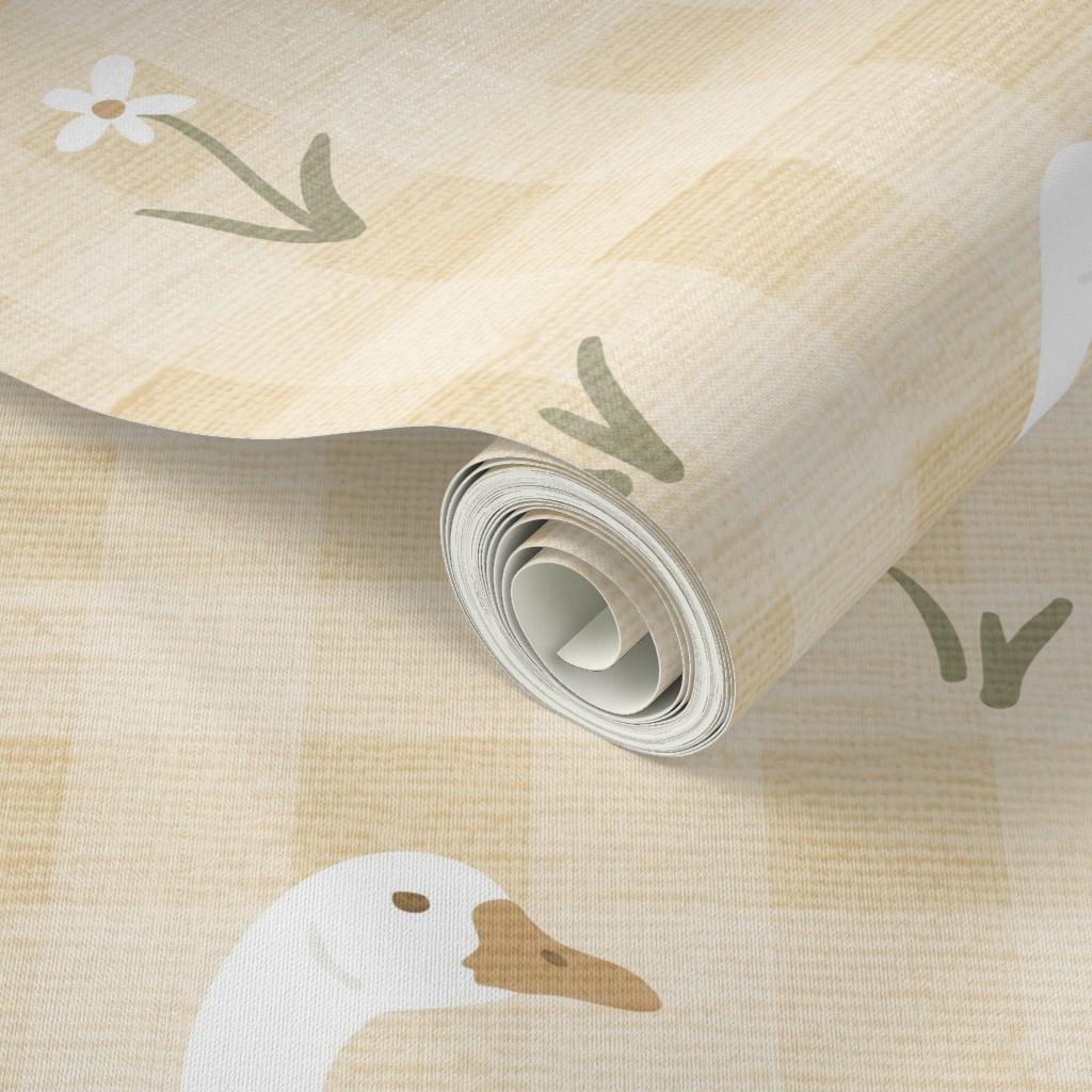 Cottagecore Farmhouse Geese and Daisy Flowers on Gingham in Warm Golden ...