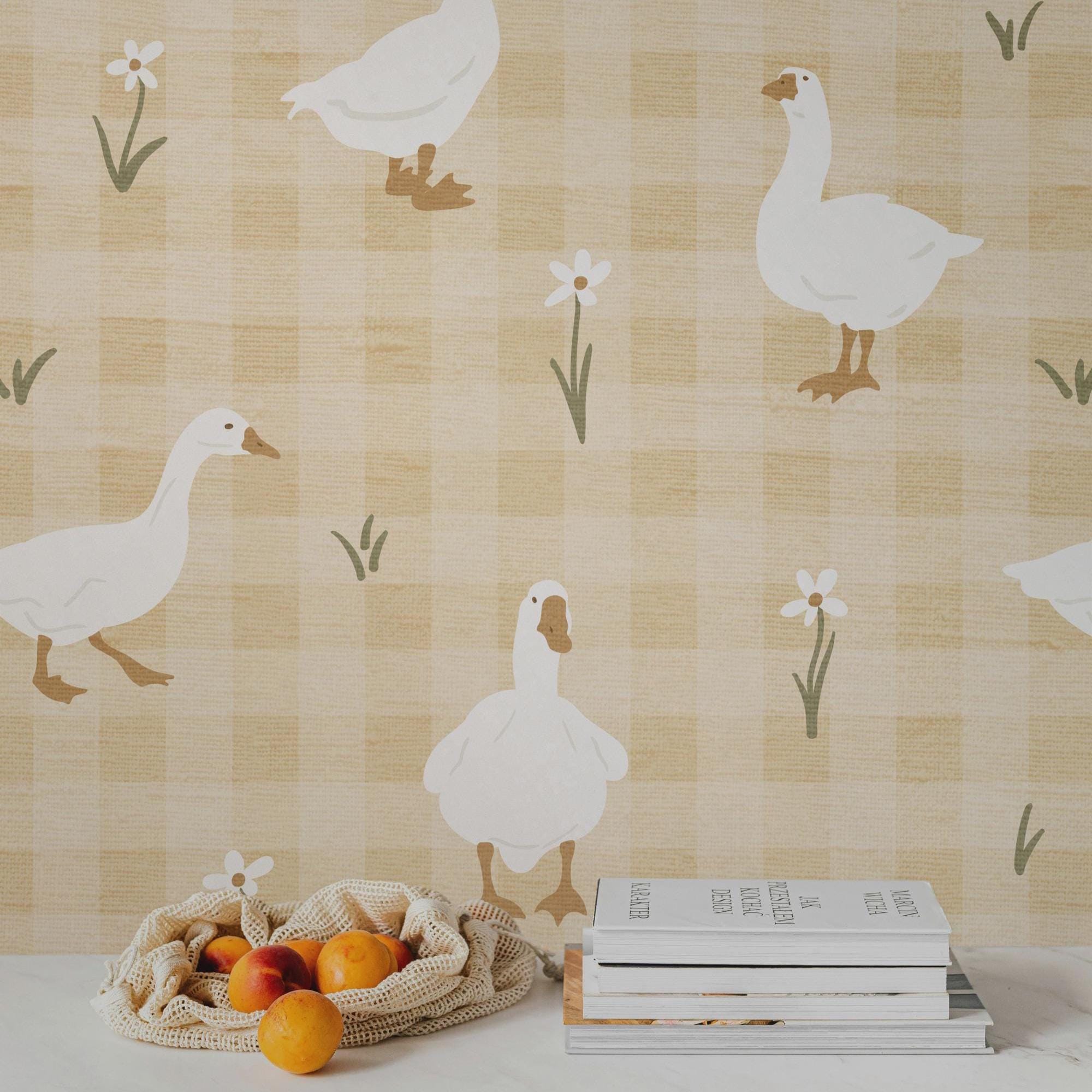 Cottagecore Farmhouse Geese and Daisy Flowers on Gingham in Warm Golden ...