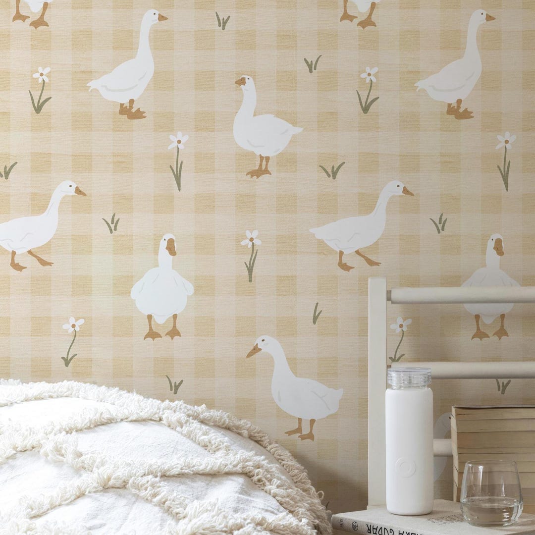 Cottagecore Farmhouse Geese and Daisy Flowers on Gingham in Warm Golden ...