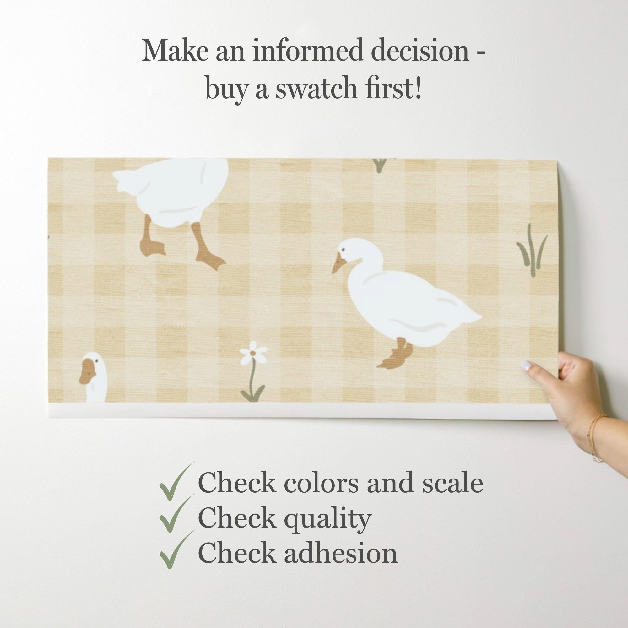 Cottagecore Farmhouse Geese and Daisy Flowers on Gingham in Warm Golden ...