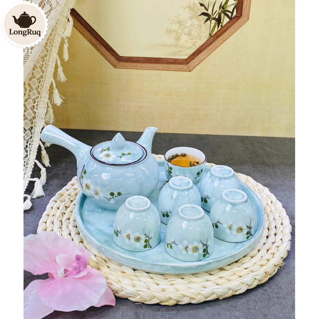 Bat Trang Blue Teapot Set, Horizontal Handle, 350ml Capacity - Etsy