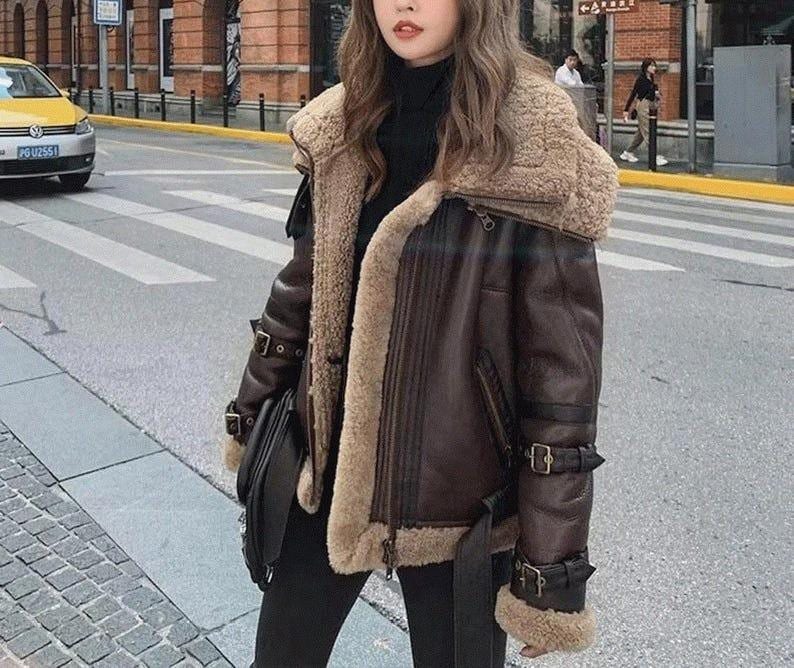 Women's Shearling Aviator Jacket: Lambskin Leather B3 Bomber - Etsy