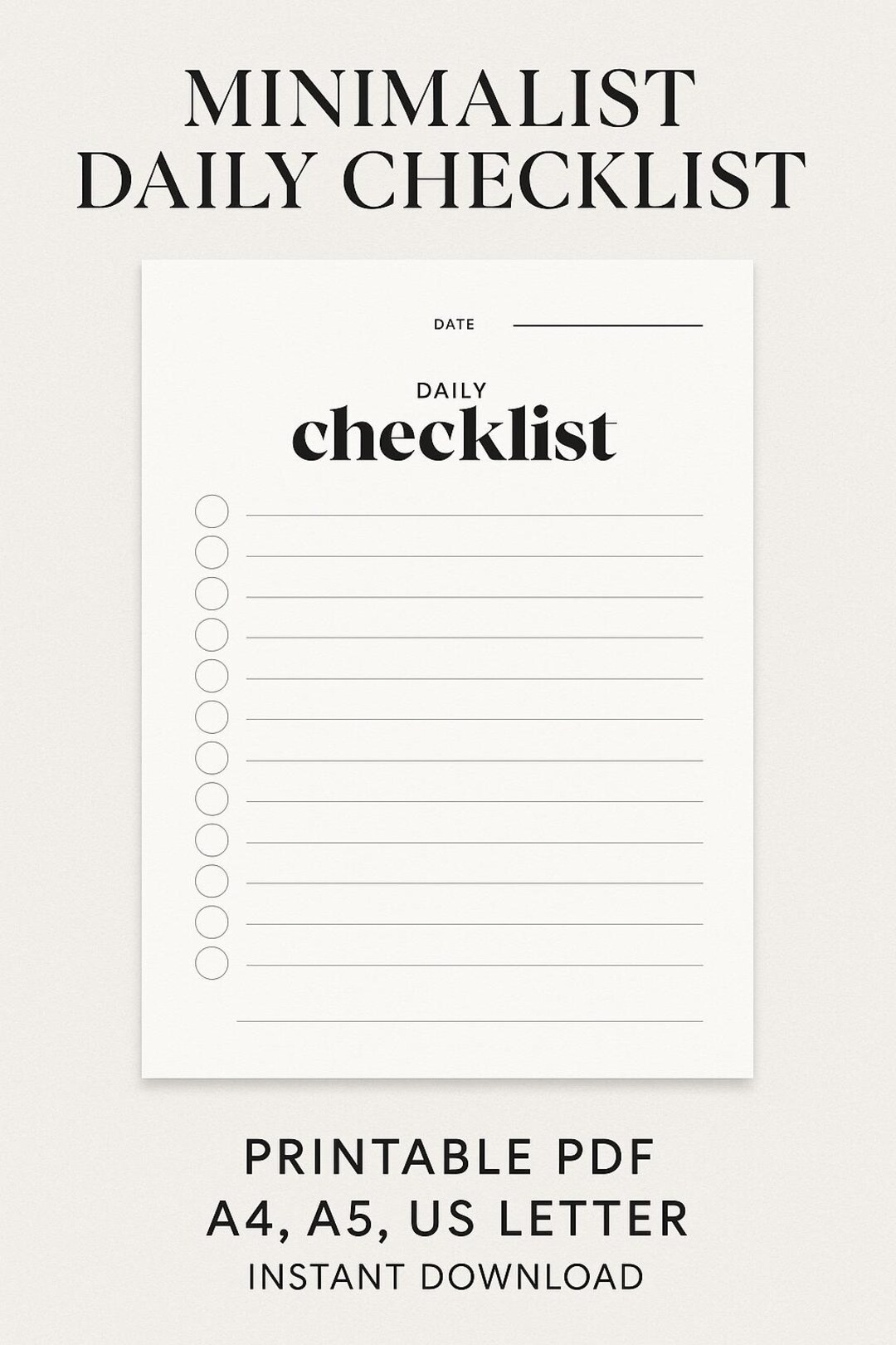Minimalist Daily Checklist Printable | Digital To-do List | A4 PDF ...