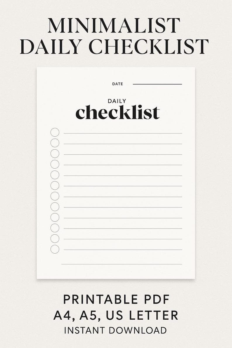 Minimalist Daily Checklist Printable | Digital To-do List | A4 PDF ...