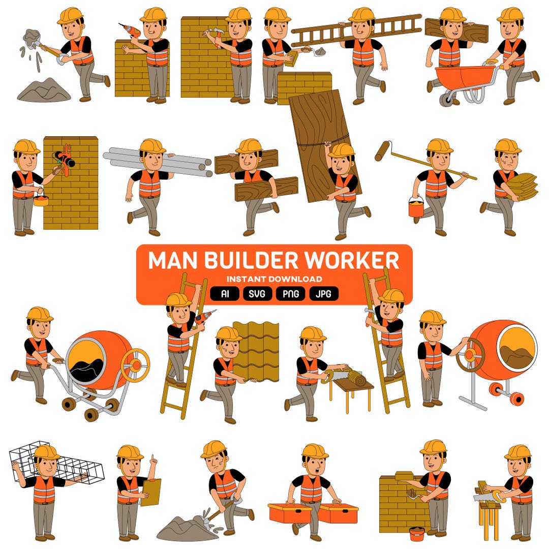 Builder Character Vector Illustration Pack: 25 Flat Design Clip Art ...