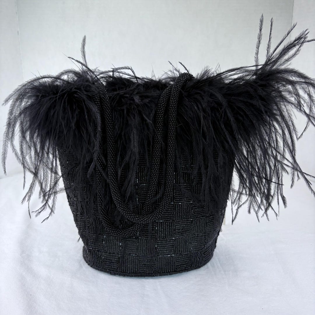 Vintage Ermo Black Beaded Feather Trim Double Beaded Handle Evening ...