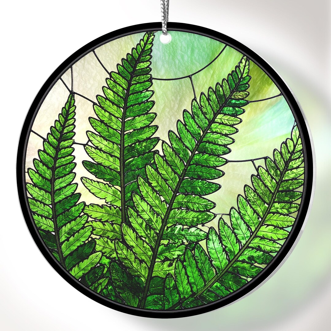 Stained Glass Style Fern Suncatcher – Round Green Leaf Window Hanging ...