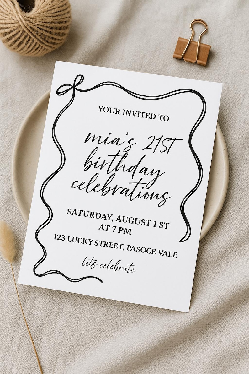 Editable Classy 21st Birthday Invitation Template | Black Bow | Instant ...