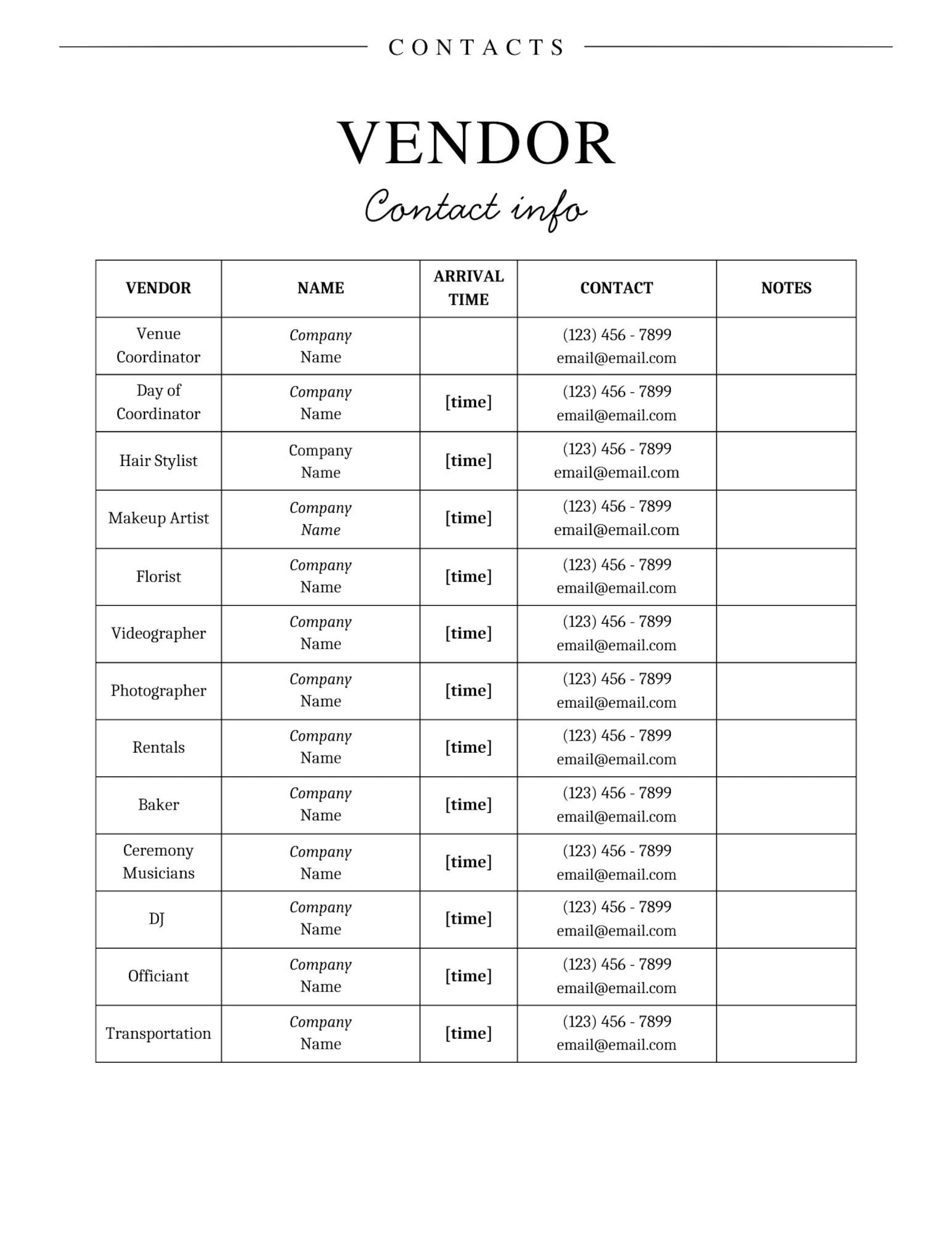 Vendor Contact Information List - Etsy