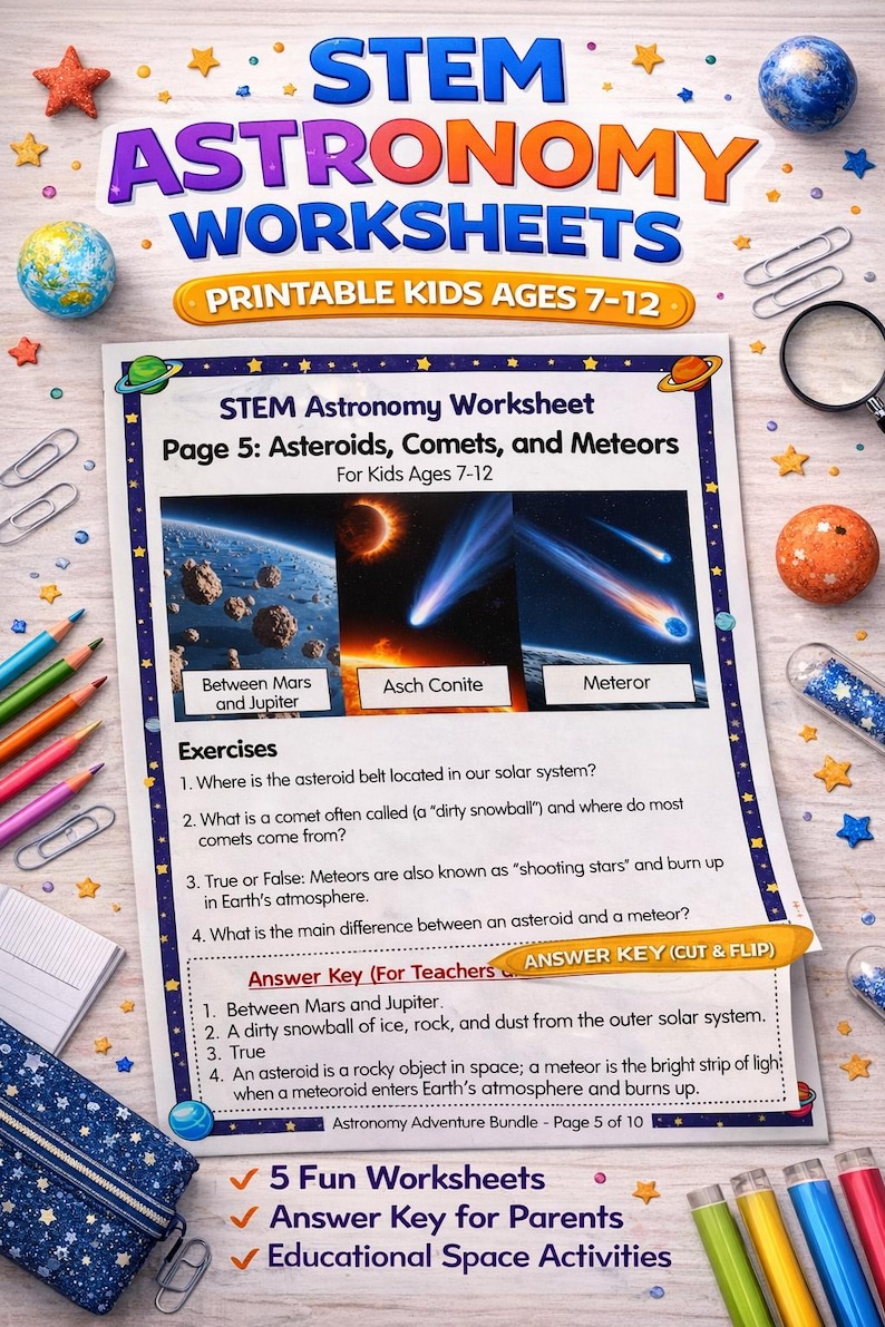 Astronomy Worksheets Kids 7-12, Solar System STEM, Reading ...