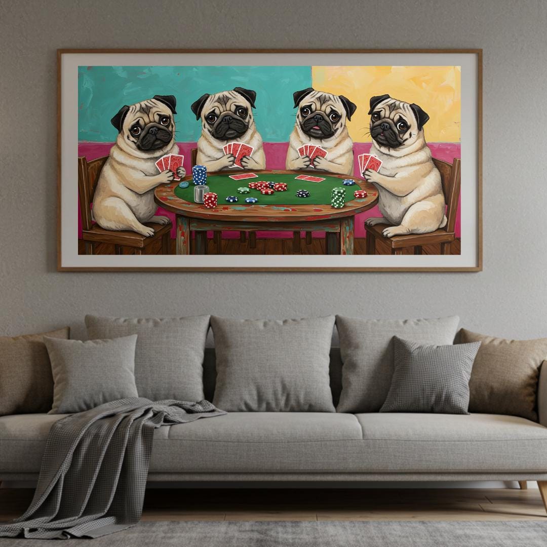 4 Pugs Playing Poker Digital Art – Colourful Cartoon Style Wall Print ...