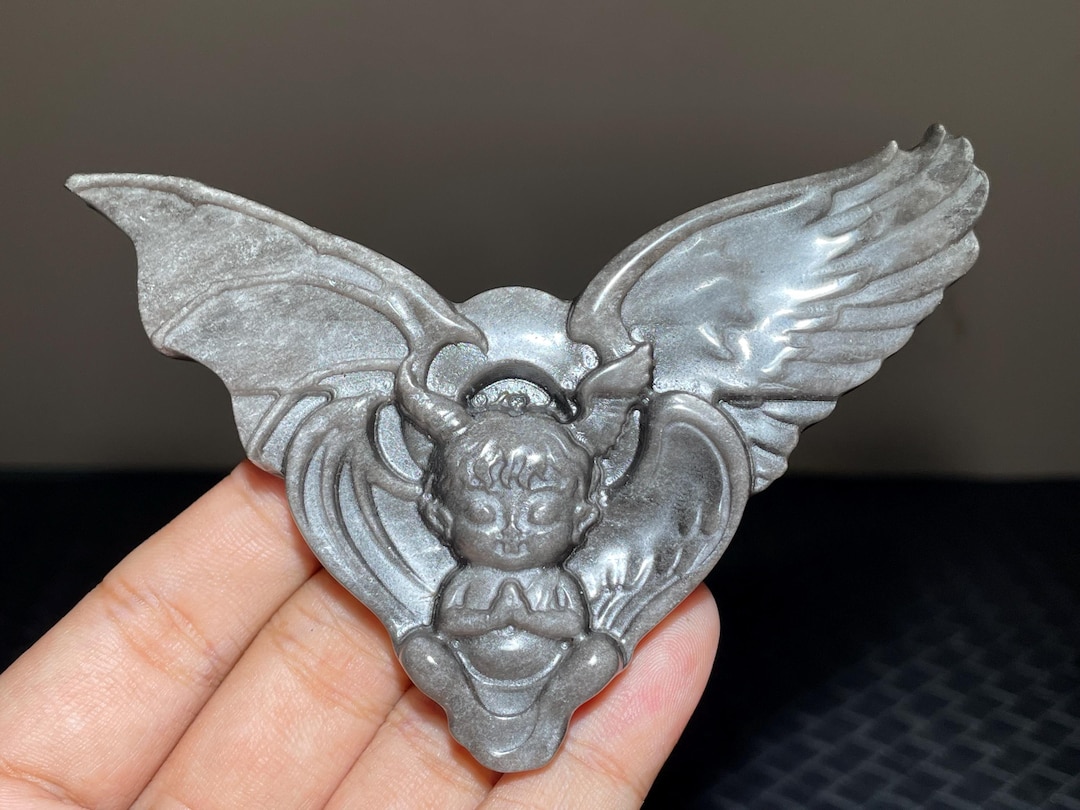 Hand Carved Silver Obsidian Devil Angel Skull: Crystal Healing Decor - Etsy