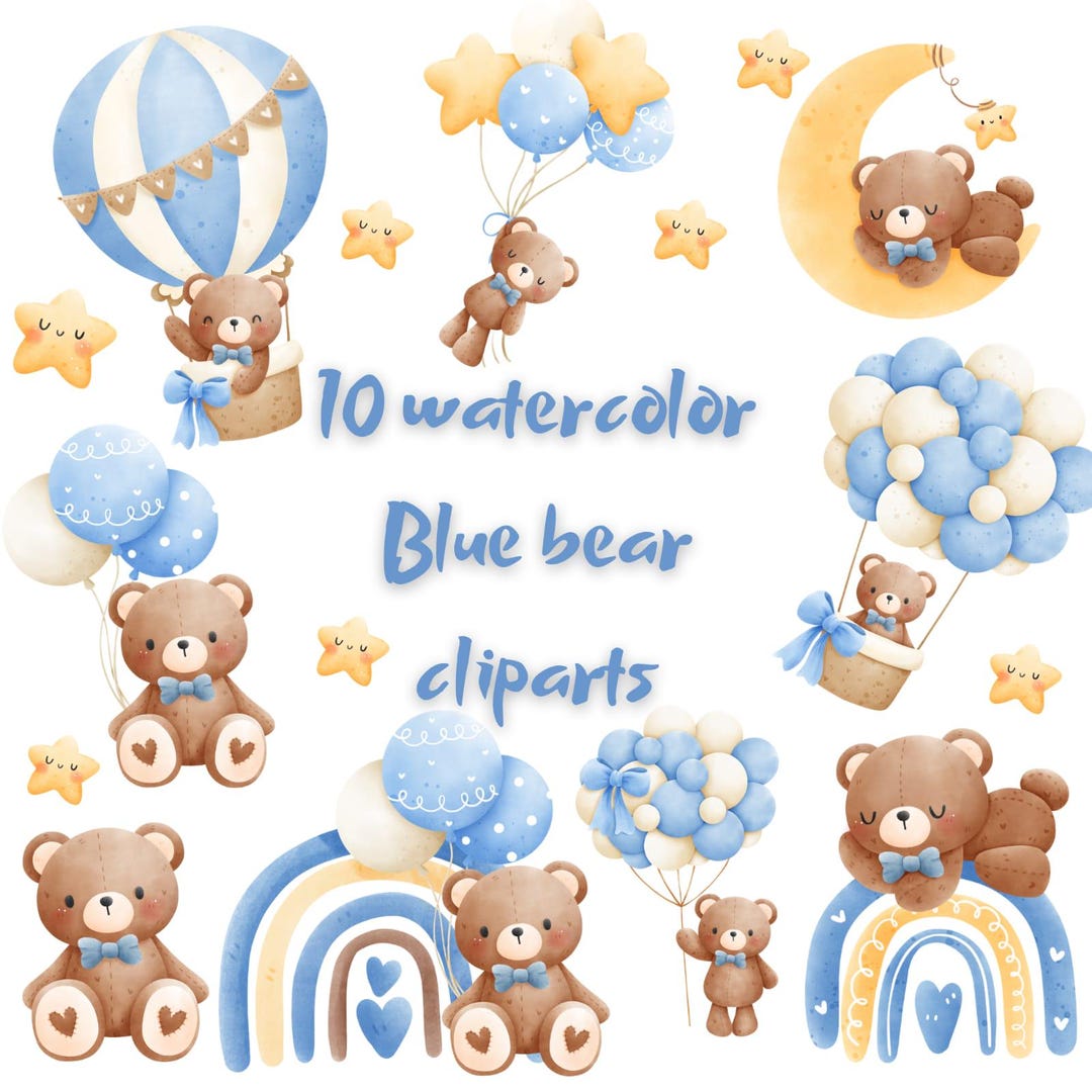10 Watercolor Blue Bear Clipart | Baby Shower Teddy Bear PNG | Nursery ...