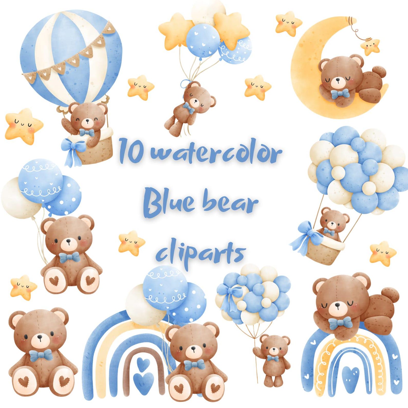 Watercolor Blue Bear Clipart: Teddy Bear PNG, Nursery Art (digital ...