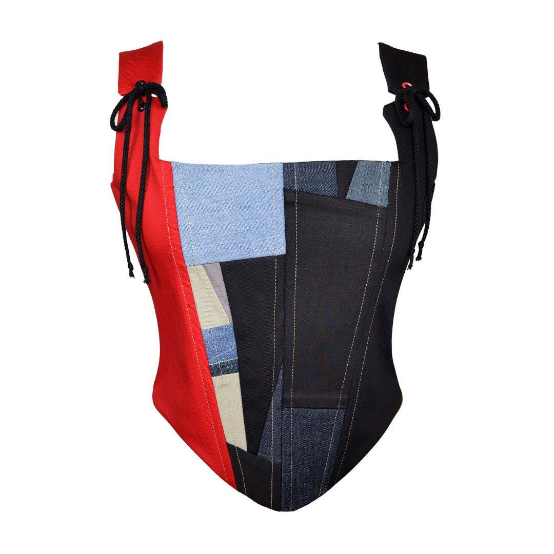 Patchwork Denim Corset Top – Red & Black Lace-up Bustier, Cotton ...