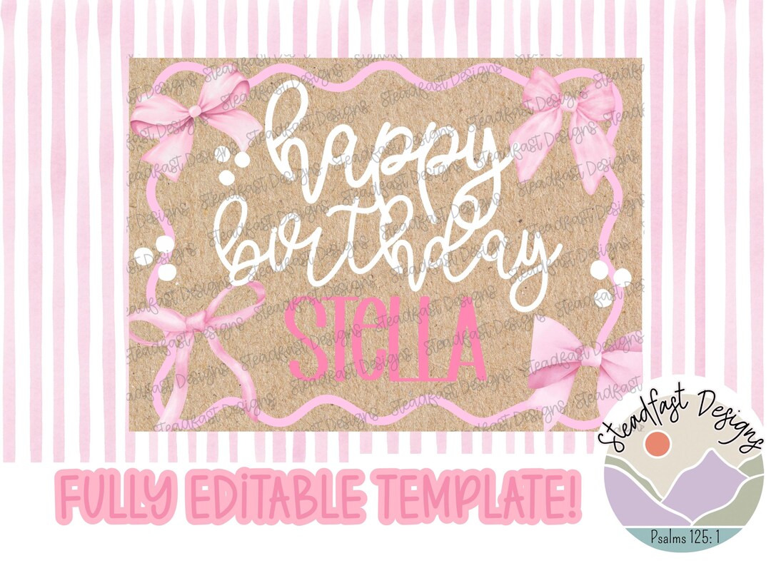 Preppy Bow Birthday Banner Template | Coquette | Editable Canva ...