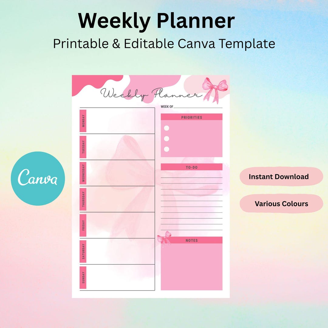 Editable Weekly Planner Template | Canva Digital Download | Printable ...