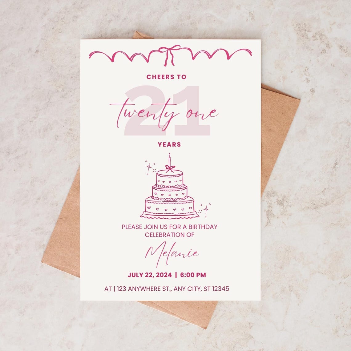 21st Birthday Invitation Ideas Template | Editable Pink Bow and Cake ...