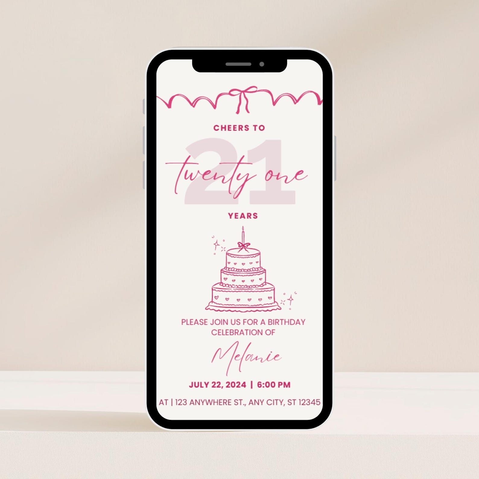 21st Birthday Invitation Ideas Template | Editable Pink Bow and Cake ...