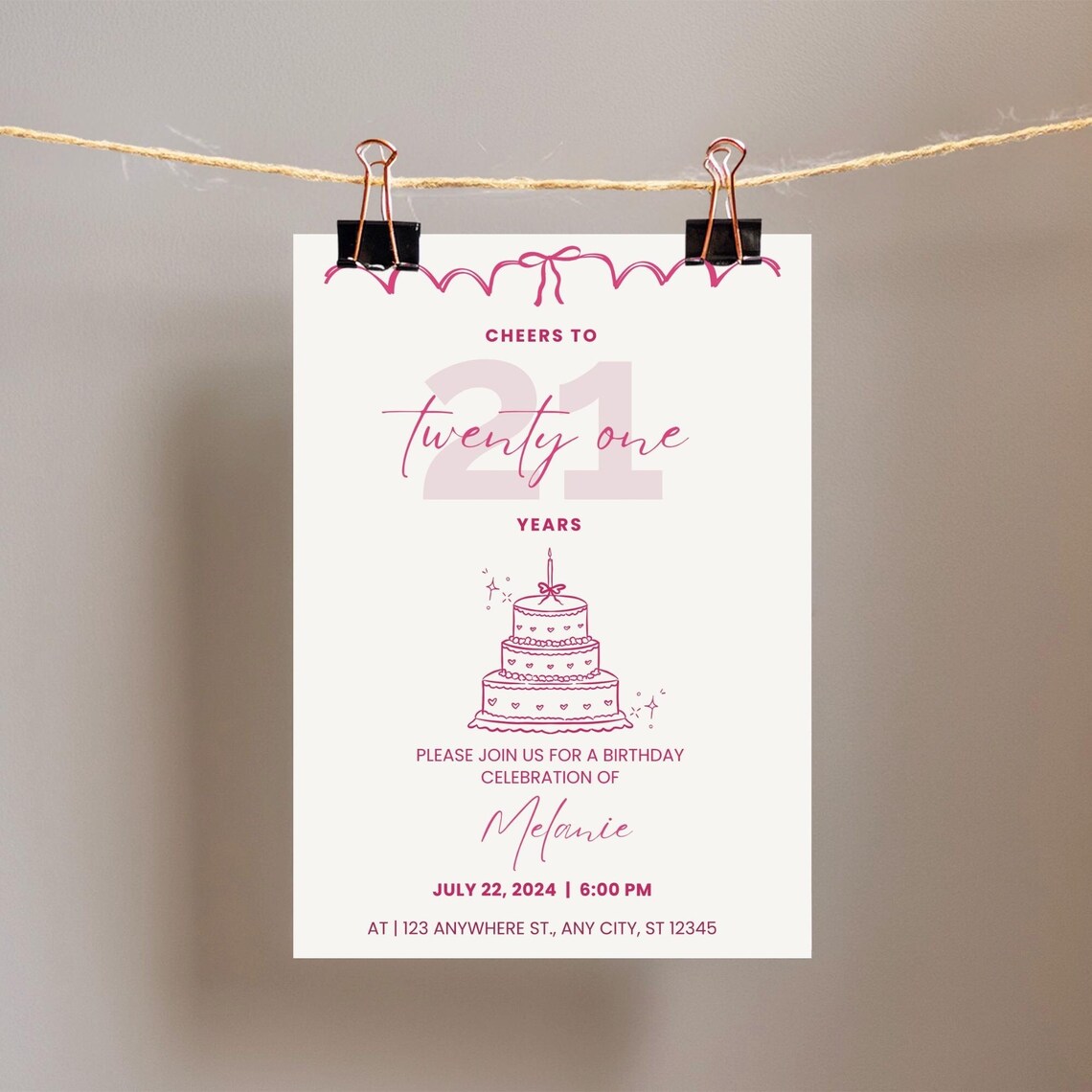 21st Birthday Invitation Ideas Template | Editable Pink Bow and Cake ...