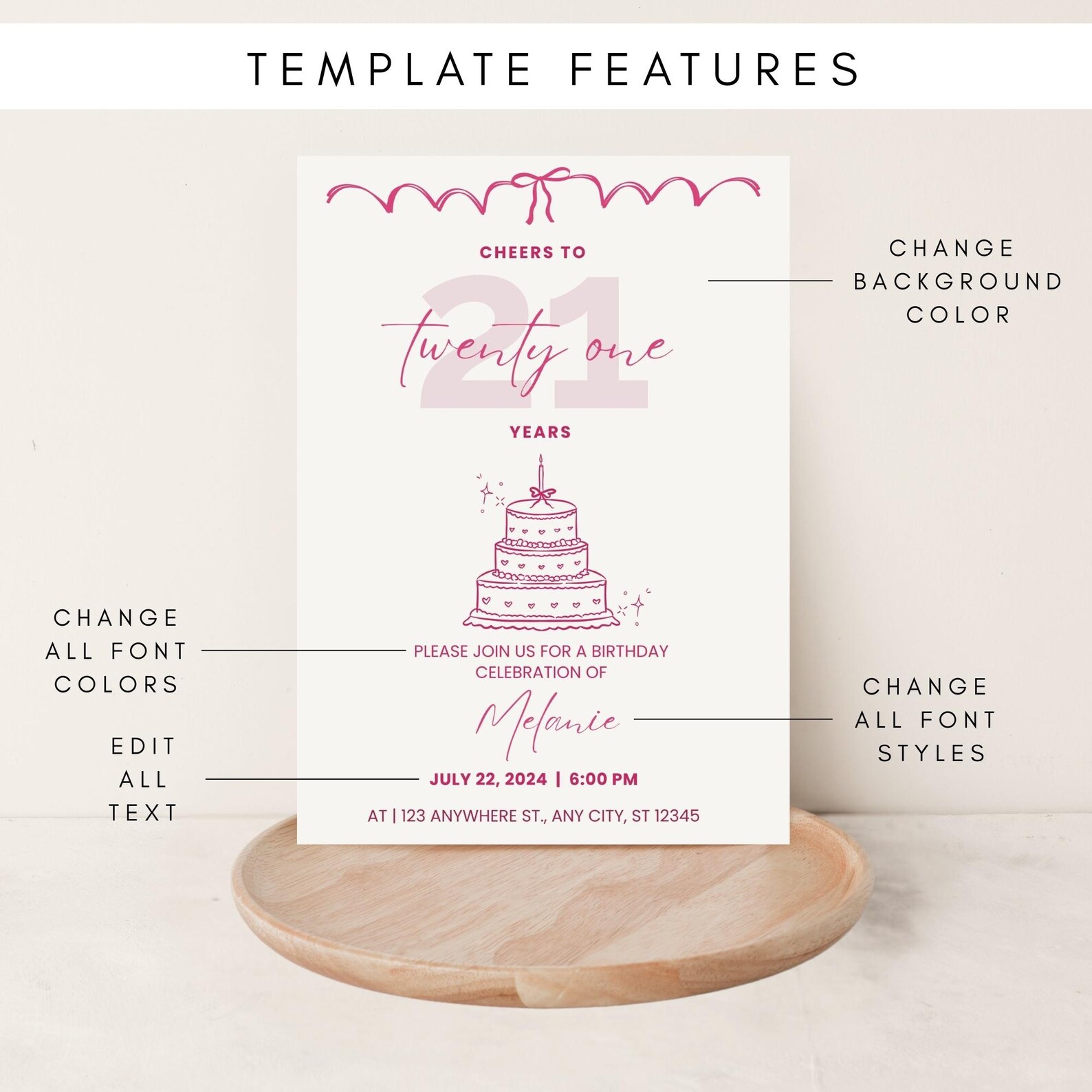 21st Birthday Invitation Ideas Template | Editable Pink Bow and Cake ...