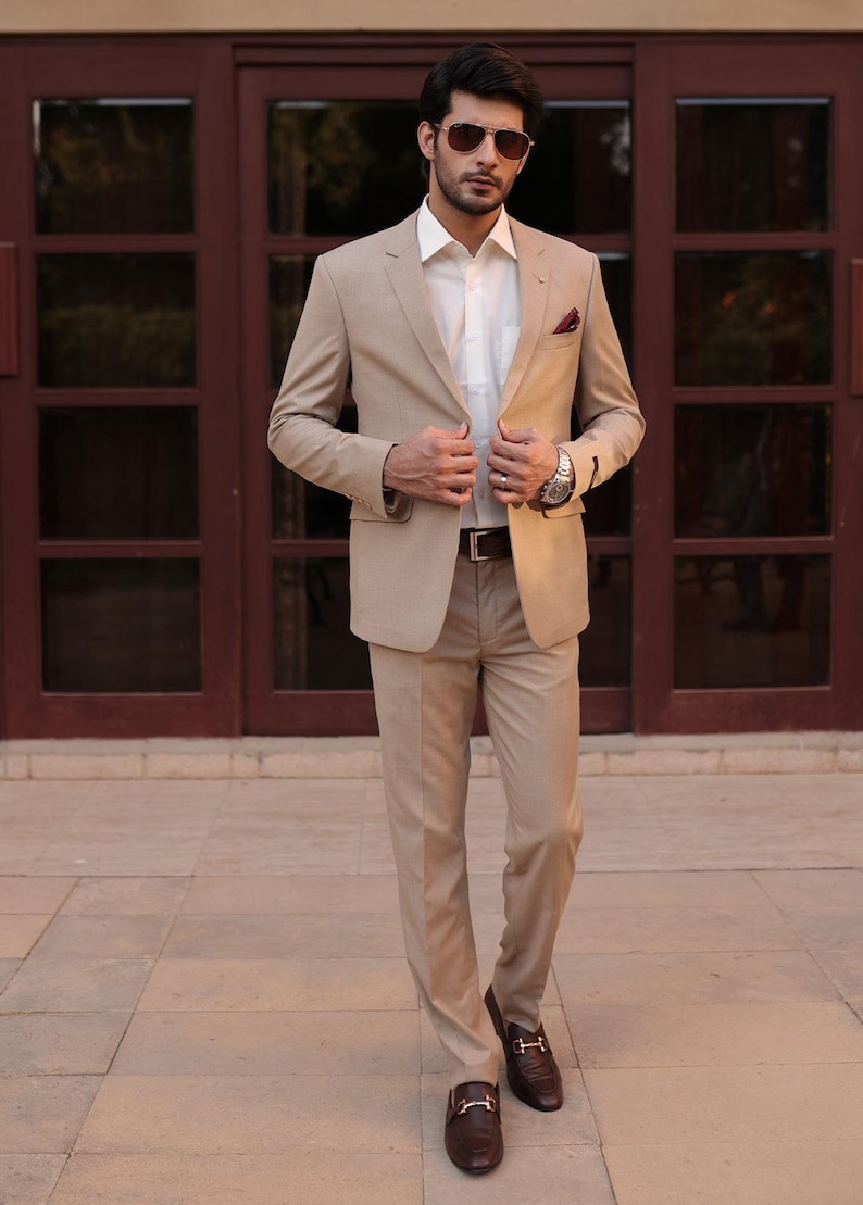 Beige Mens Slim Fit Suit 2 Piece Wedding Prom Formal Outfit for Groom ...