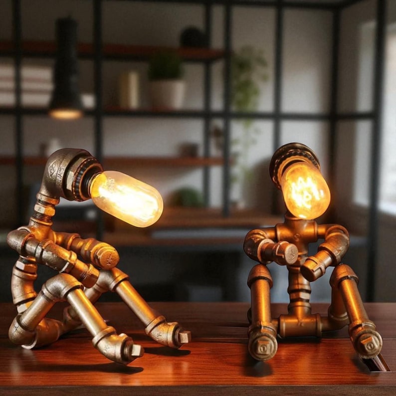 Vintage Steampunk Robot Lamp | Edison Pipe Desk Light - Etsy