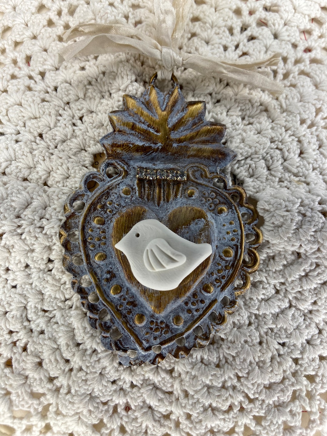Hanging Small Sacred Heart-milagro Heart-metal Exvoto Heart With Crown ...