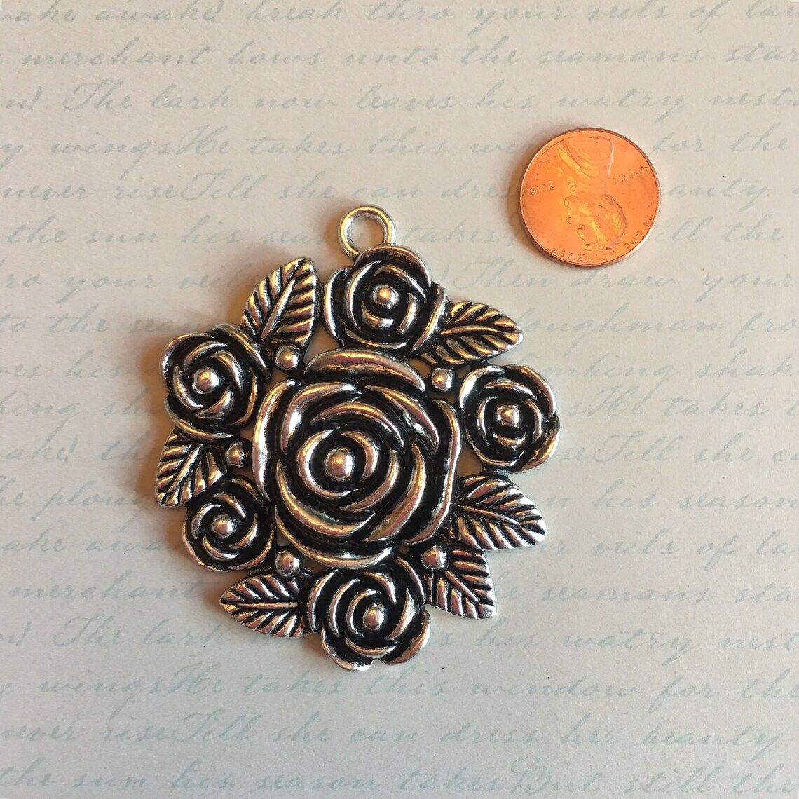 Large Round Pewter Pendent / Pewter Rose Pendent - Etsy