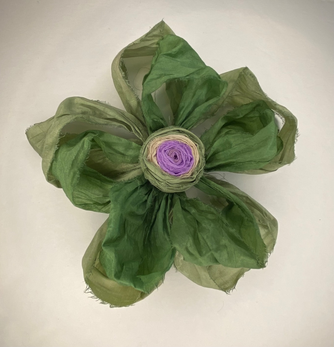 Sari Silk Flower Pin- Sage Green Sari Ribbon Pin- Recycled Sari Silk ...