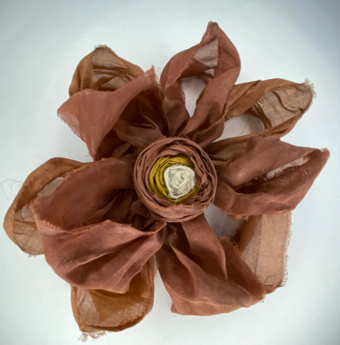 Sari Silk Flower Pin- Coco Brown Sari Ribbon Pin- Recycled Sari Silk ...